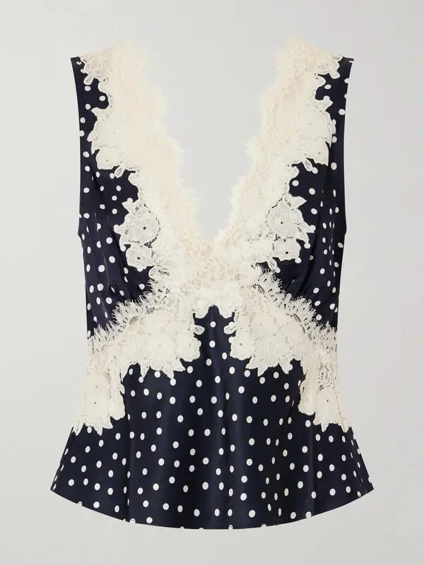 Rixo Emmie Polka-dot Lace-trimmed Satin Top - Blue