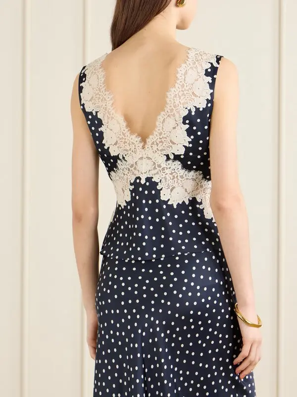 Rixo Emmie Polka-dot Lace-trimmed Satin Top - Blue