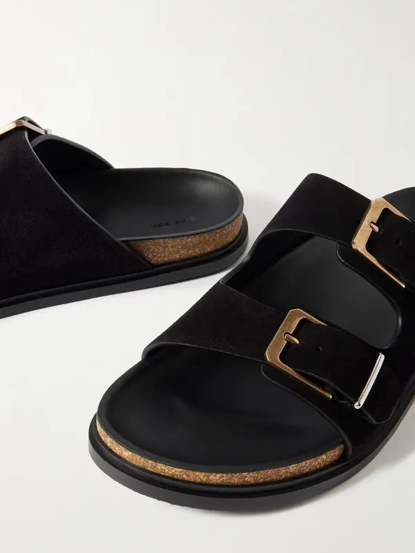 THE ROW Buckled Suede Slides - Black