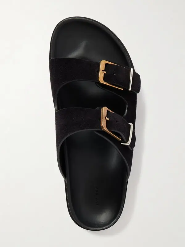 THE ROW Buckled Suede Slides - Black