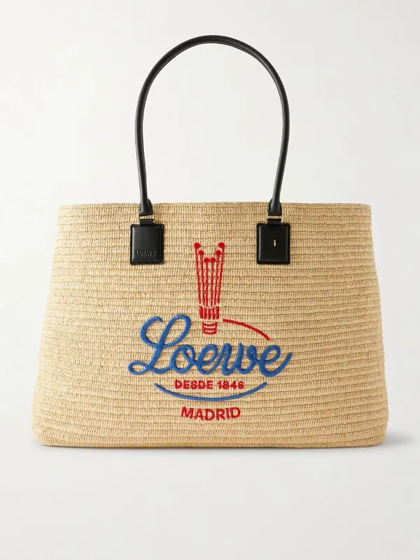 Loewe Verano Embroidered Raffia Tote - Neutrals