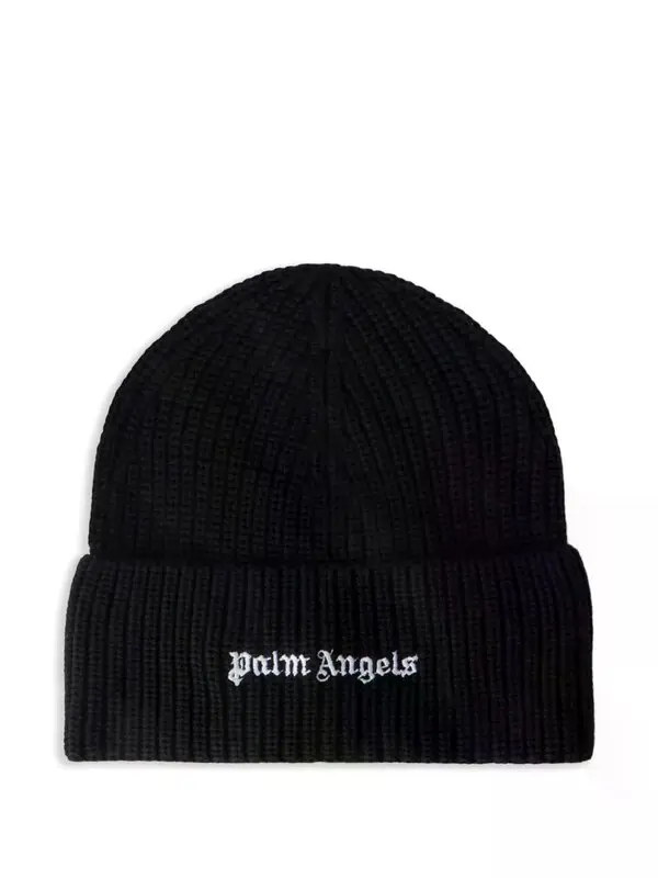 Palm Angels Logo Ribbed Beanie - Black
