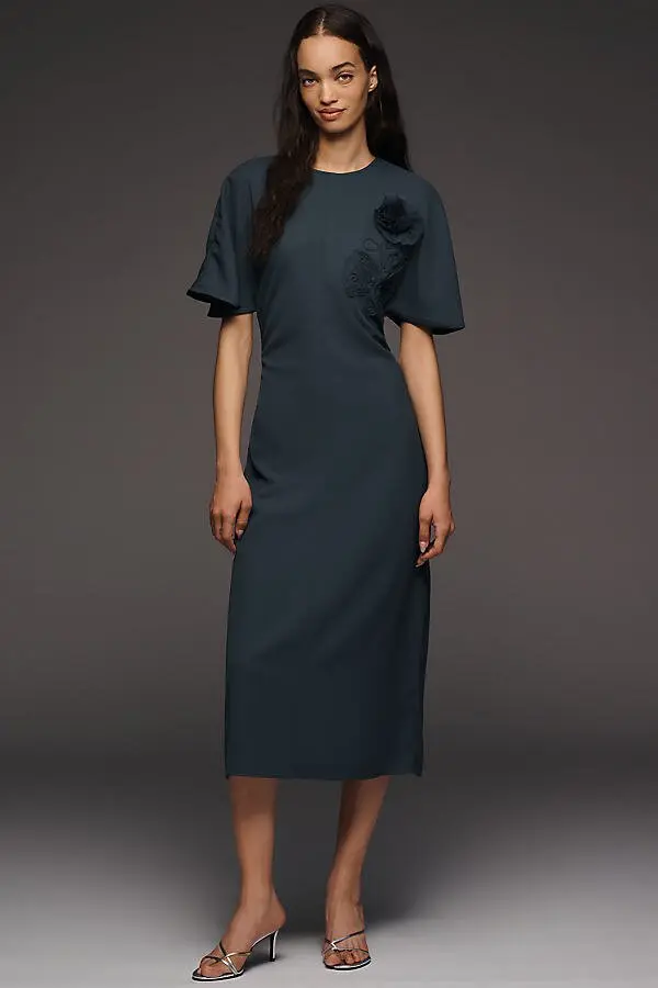 Maeve Ruched Short-sleeve Midi Dress - Navy Dusk