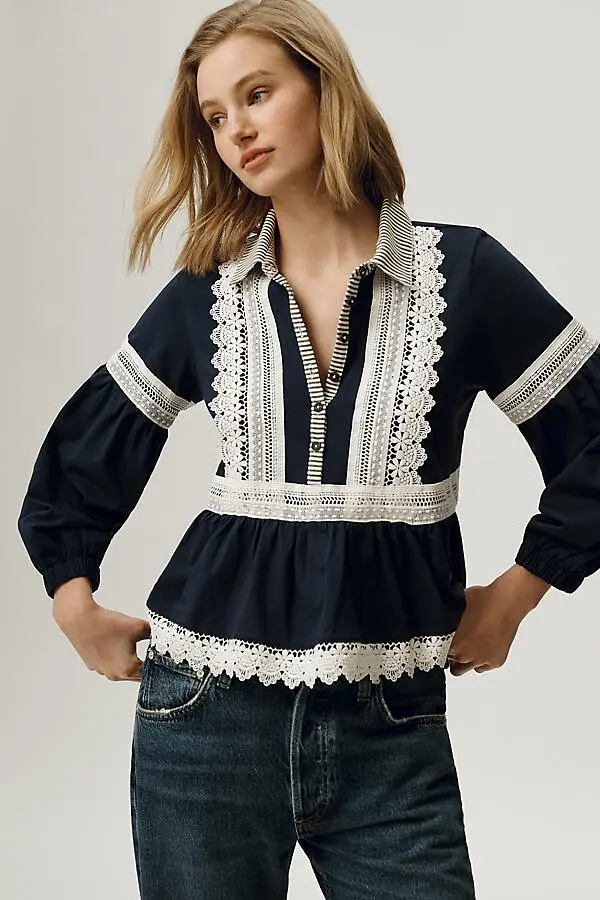 Maeve Lace Placket Blouse - Navy