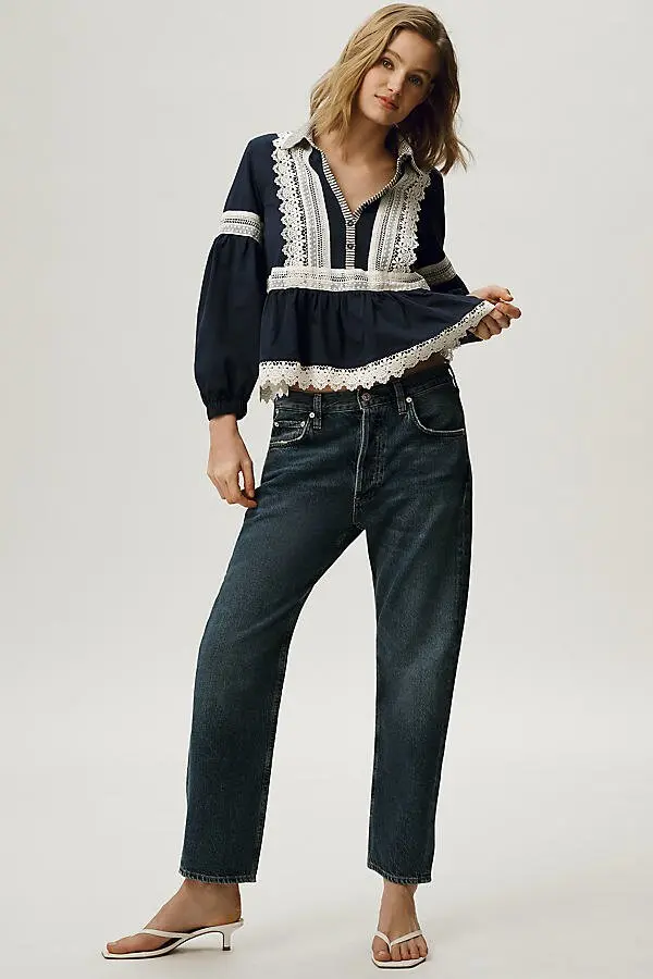 Maeve Lace Placket Blouse - Navy