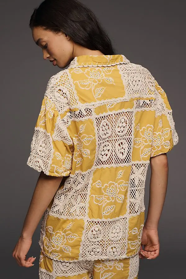 Farm Rio Lace Short-sleeve Buttondown Top - Off White