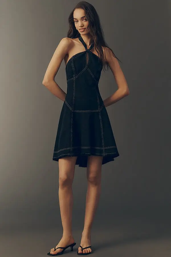 PILCRO Denim Halter Mini Dress - Black