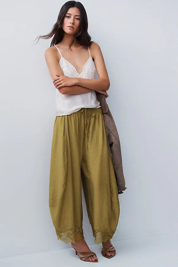 Anthropologie Reverie Lace-trim Tapered Pants - Chartreuse