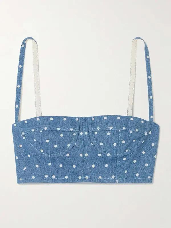 Carolina Herrera Cropped Polka-dot Denim Bustier Top