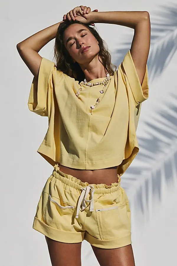 Free People Leandra Heavyweight Cotton Short Set - Solar Lemon