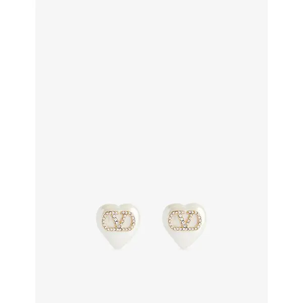Valentino Garavani Heart Pearl V-logo Gold-plated Earrings - Oro/crystal/cream
