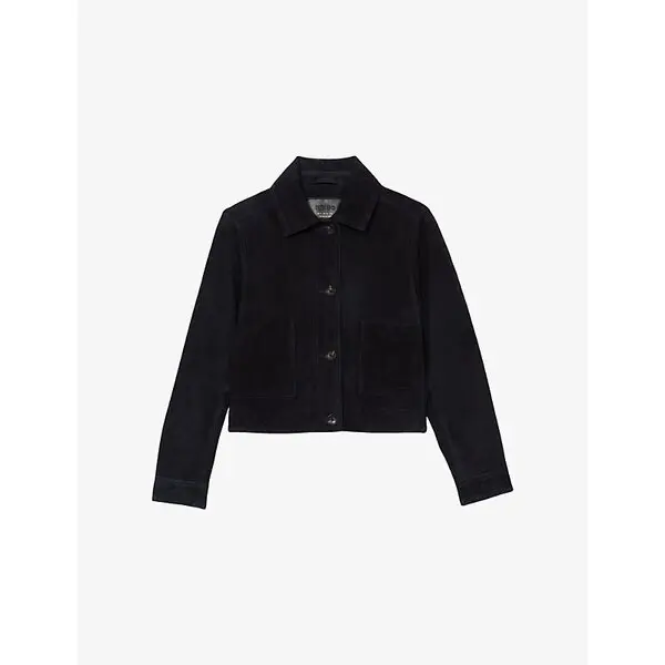 REISS Patch-pocket Suede Trucker Jacket - Navy