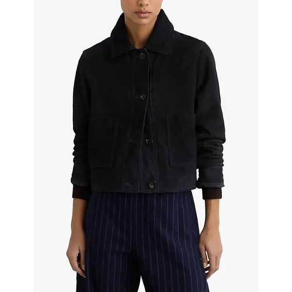 REISS Patch-pocket Suede Trucker Jacket - Navy