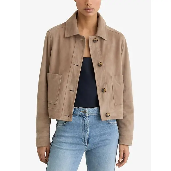 REISS Patch-pocket Suede Trucker Jacket - Neutral