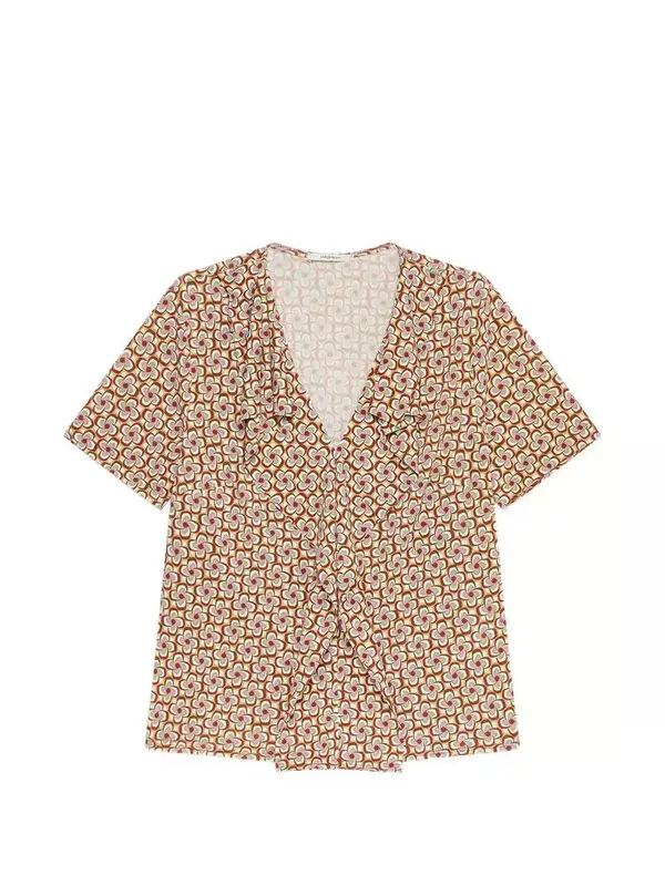 Malìparmi Mouliné Geometric V-neck Top With Ruffle Detail - Brown