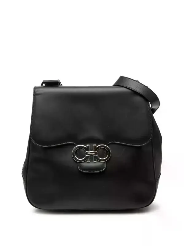 FERRAGAMO Leather Double Gancini Shoulder Bag - Black