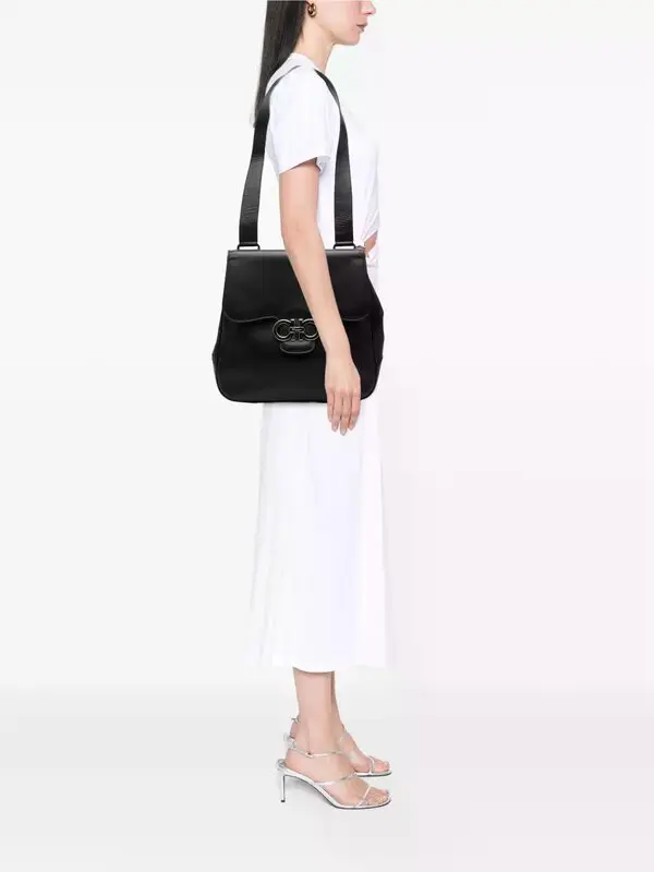 FERRAGAMO Leather Double Gancini Shoulder Bag - Black