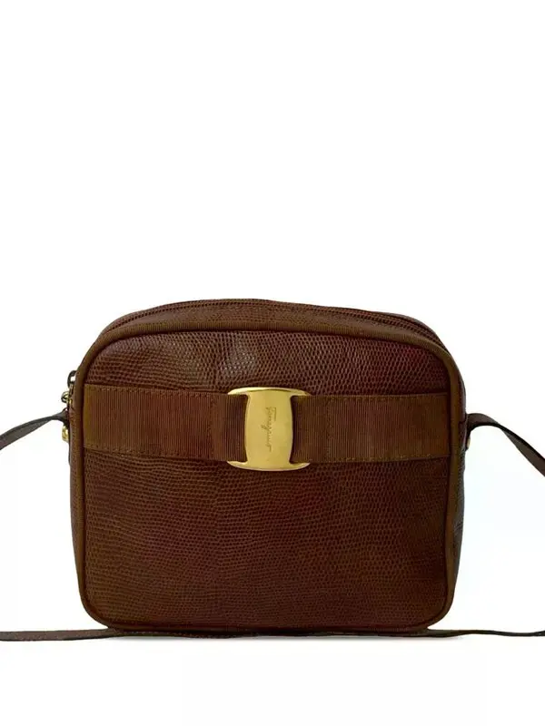 FERRAGAMO 1990-2010 Lizard Embossed Leather Vara Crossbody Bag - Brown