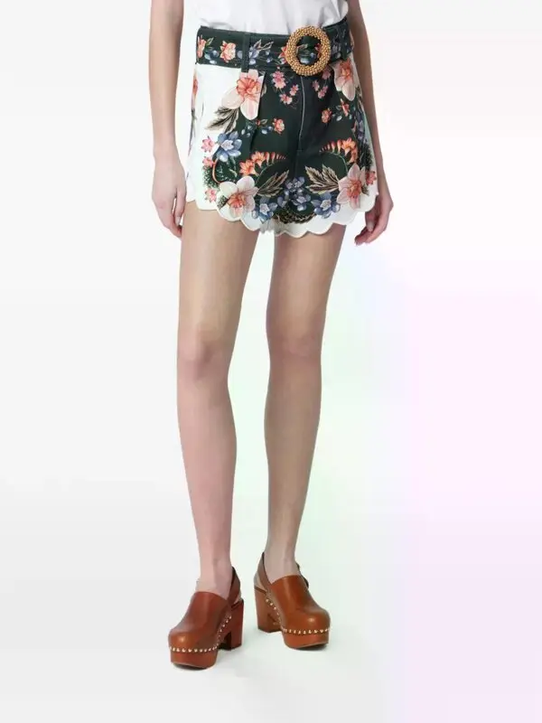 Farm Rio Beaded Belt Floral Shorts - Green