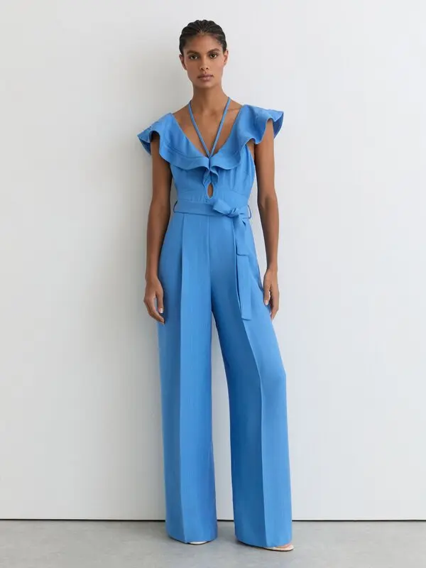 REISS Sophia Ruffle Tie-neck Wide-leg Jumpsuit - Blue