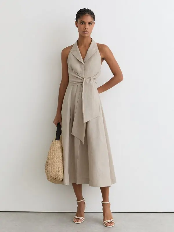 REISS Linen Tie-waist Tailored Midi Dress - Neutral