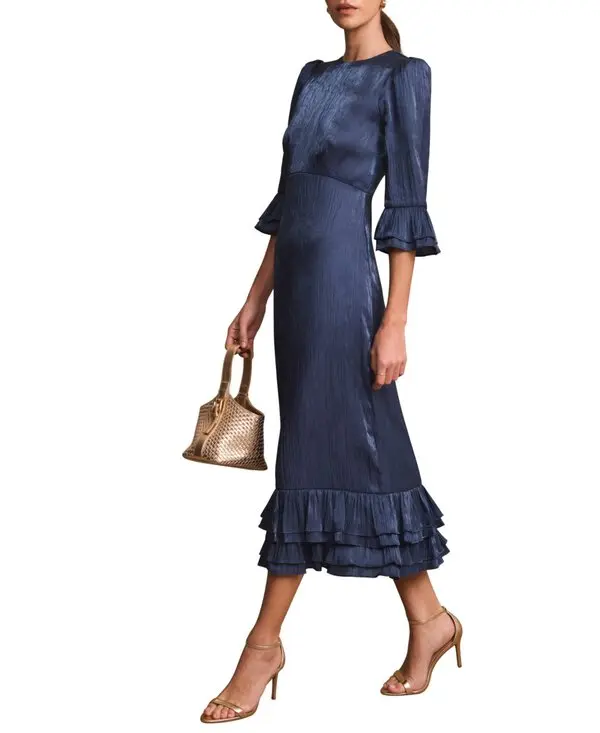 Mint Velvet Metallic Ruffled Midi Dress - Navy