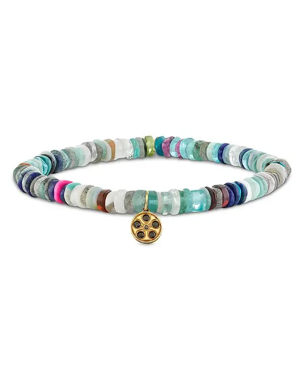SYDNEY EVAN 14k Yellow California Rainbow Heishi & Black Diamond Film Reel Charm Stretch Bracelet - Gold