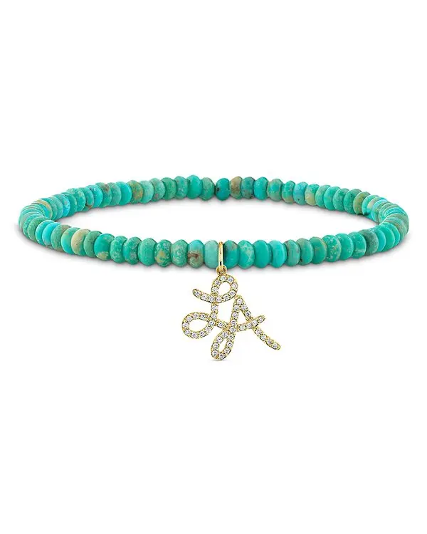 SYDNEY EVAN 14k Yellow Turquoise & Diamond La Charm Stretch Bracelet - Gold