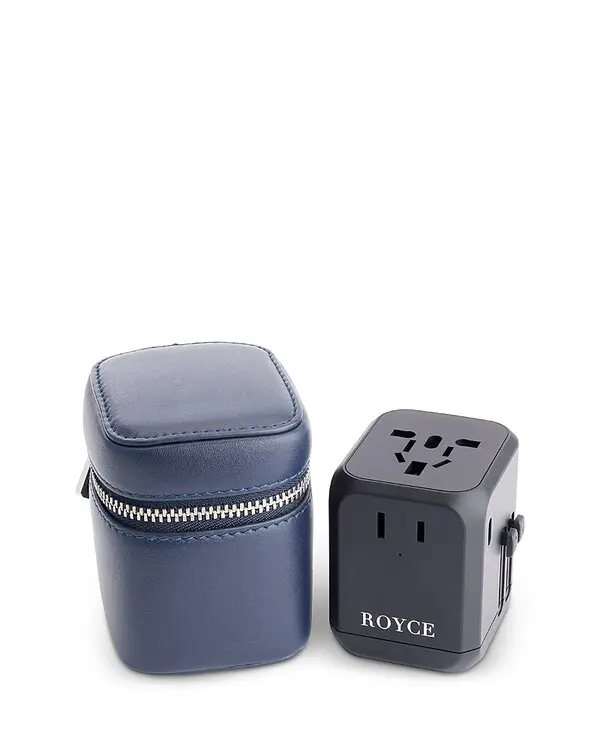 ROYCE NEW YORK International Travel Adapter & Leather Case - Navy Blue