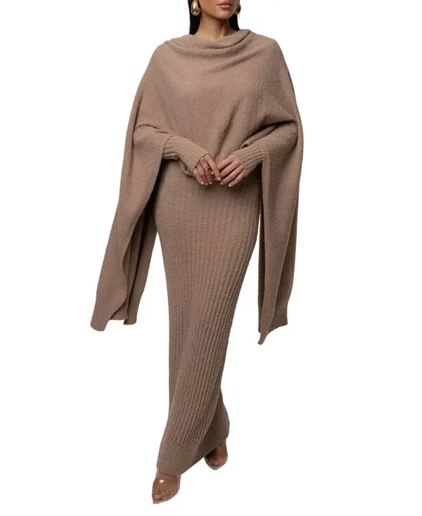 JLUXLABEL First Class Ribbed Maxi Dress With Shawl - Beige