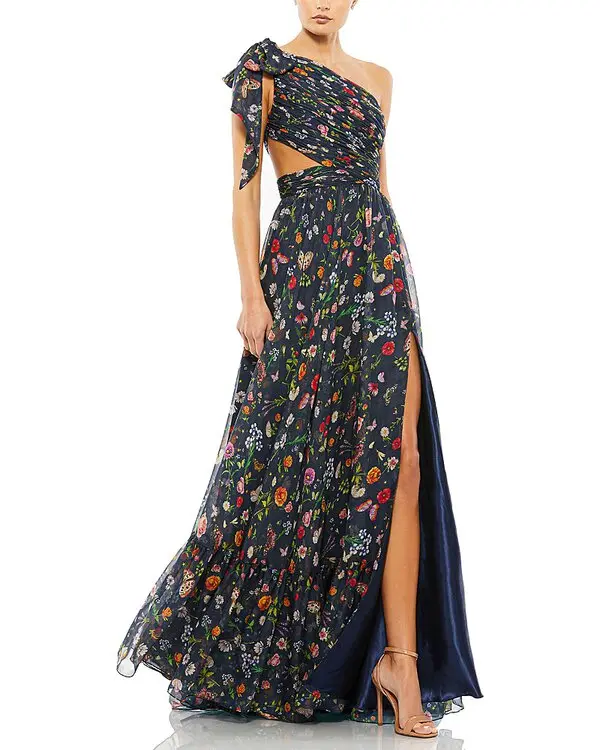 Mac Duggal Petite One-shoulder Cut-out Gown - Navy Multi
