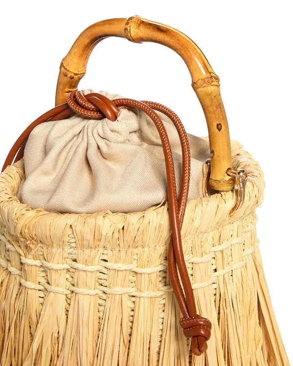 Aqua Fringed Straw Bucket Bag