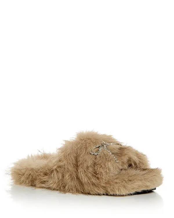 Balenciaga Furry Bow Slide Sandals - Camel/silver/crystal