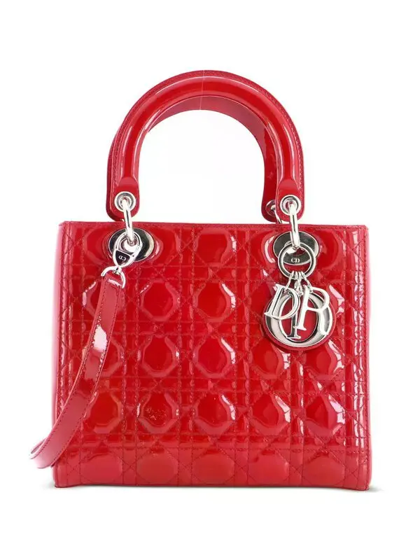 Dior Lady Medium Satchel Cannage Quilt Patent - Red