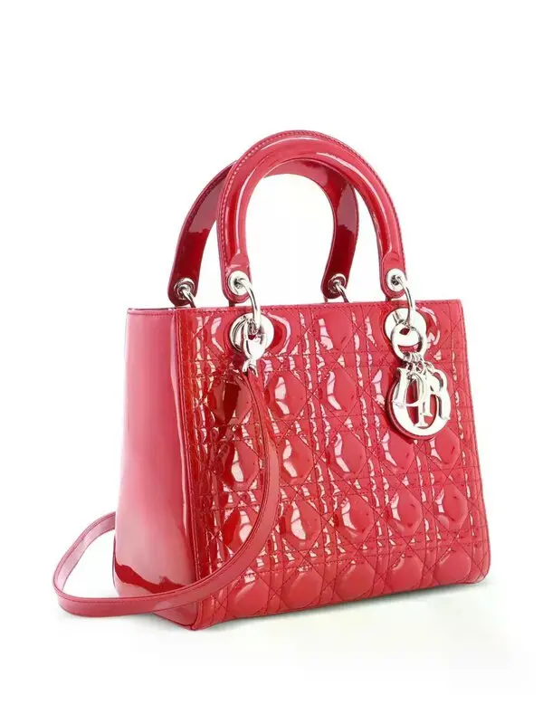 Dior Lady Medium Satchel Cannage Quilt Patent - Red