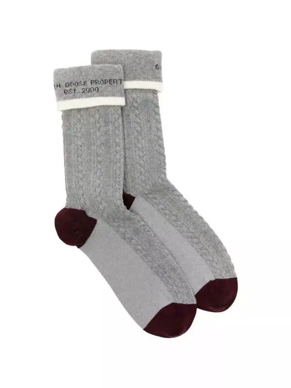 GOLDEN GOOSE Ribbed Crew Socks With Burgundy And Cream Details - Grey