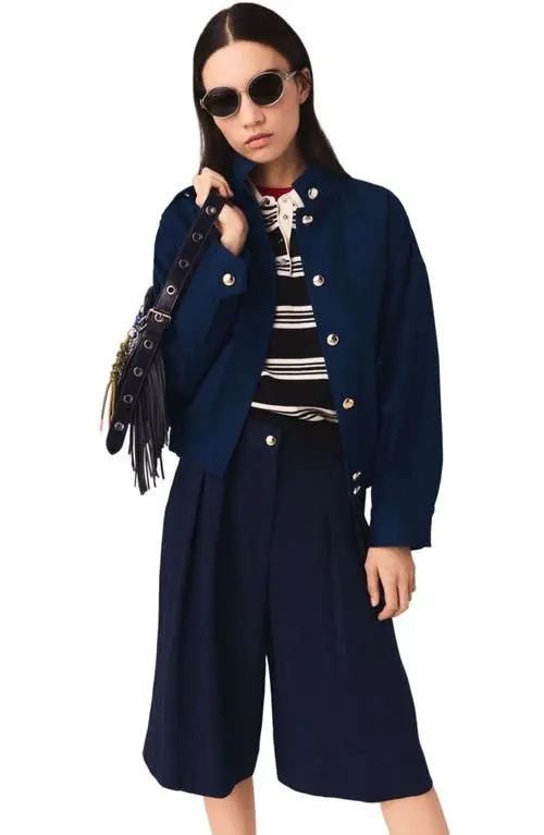 Maje Cotton Bomber Jacket - Navy