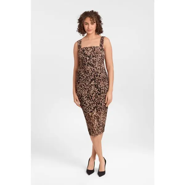 S3 APPAREL Sculpting Shapewear Draped Mesh Midi Dress - Dolce Leopard