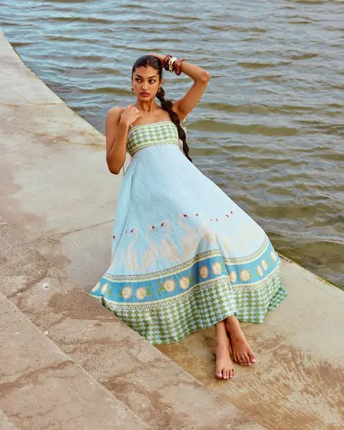 SMWR. BY THE SOMEWHERE CO Swan Lake Printed Linen Maxi Dress