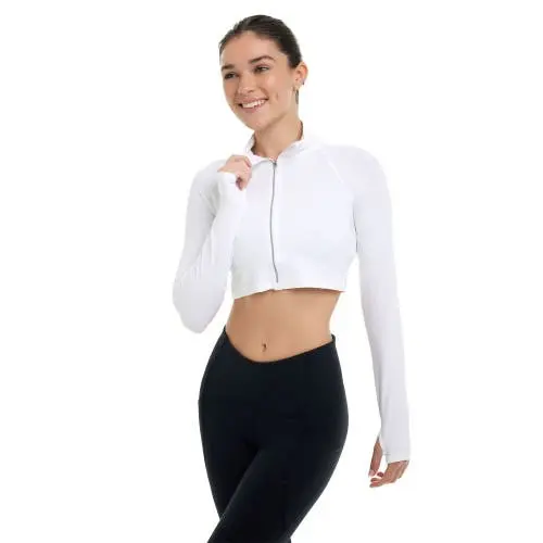 BLOQUV Long Sleeve Full Zip Crop Top Sun Shirt For Uv Protection - White