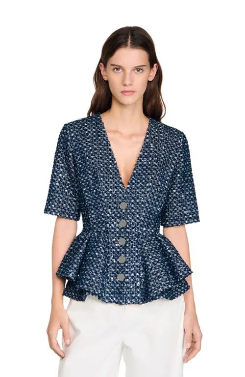 Sandro Fitted Sequined Jacket - Navy Blue