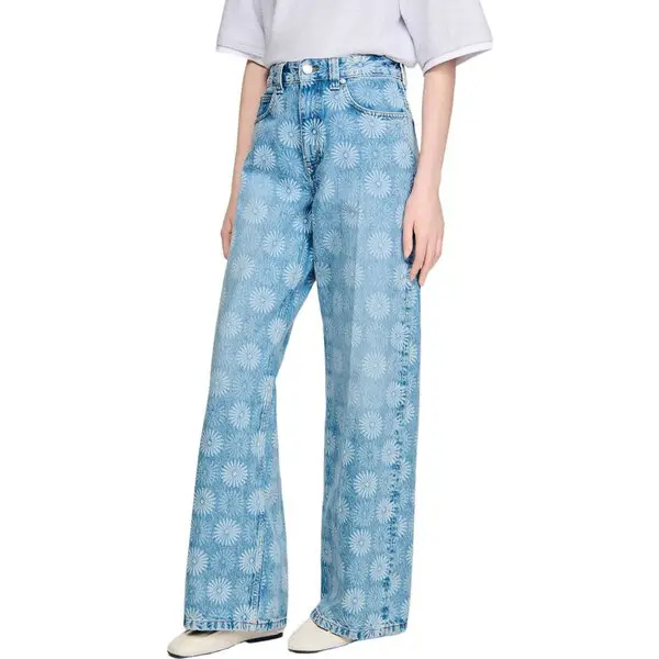 Sandro Floral Print Wide-leg Jeans - Blue Jean