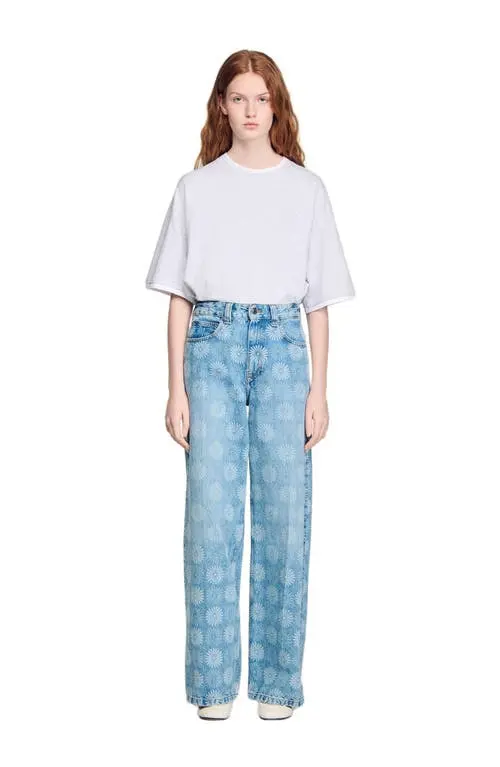 Sandro Floral Print Wide-leg Jeans - Blue Jean