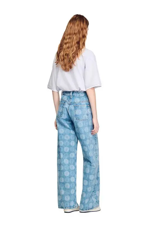 Sandro Floral Print Wide-leg Jeans - Blue Jean
