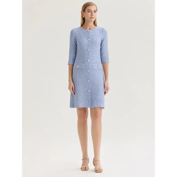 Misook Tweed Knit Sheath Dress - Blue/charmeuse/biscotti