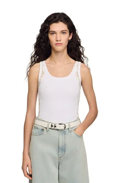 Sandro Ribbed Vest Top With Lace Inserts - White