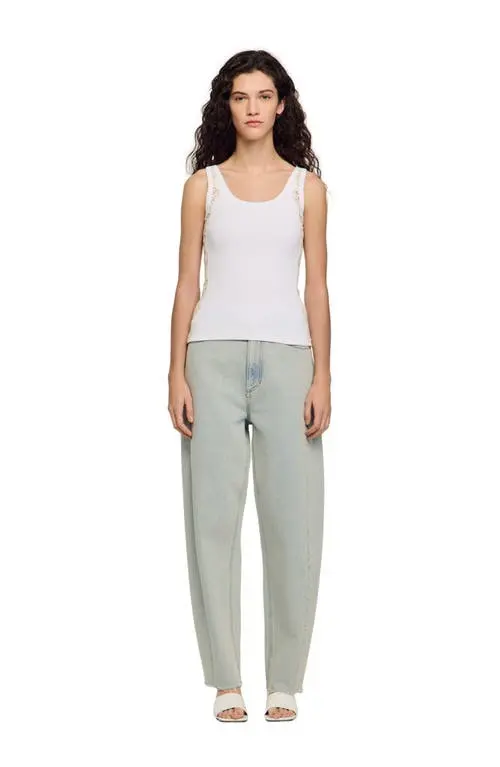 Sandro Ribbed Vest Top With Lace Inserts - White