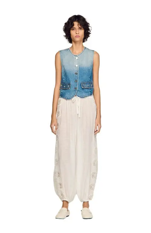 Sandro Crinkled Wide-leg Trousers With Lace - White