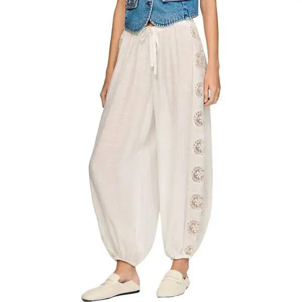 Sandro Crinkled Wide-leg Trousers With Lace - White