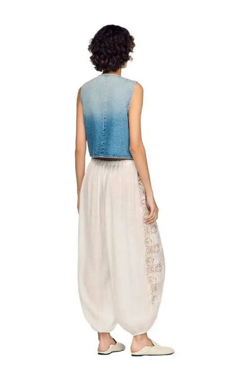 Sandro Crinkled Wide-leg Trousers With Lace - White
